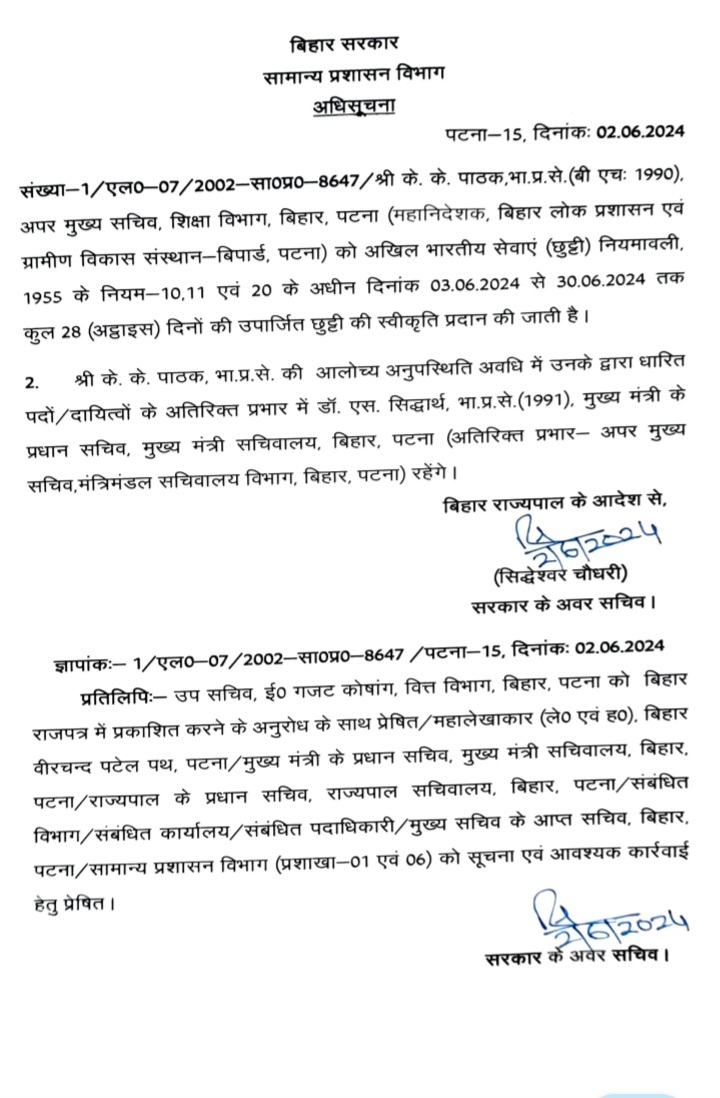 30 जून तक छुट्टी पर रहेंगे केके पाठक, एस सिद्धार्थ संभालेंगे शिक्षा ...