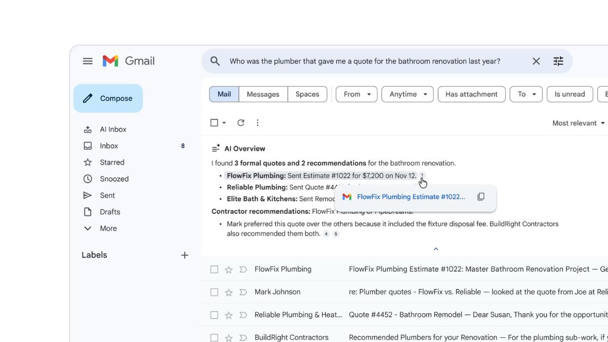 Google Introduces AI Overviews For Gmail Alongside AI Inbox, Suggested ...